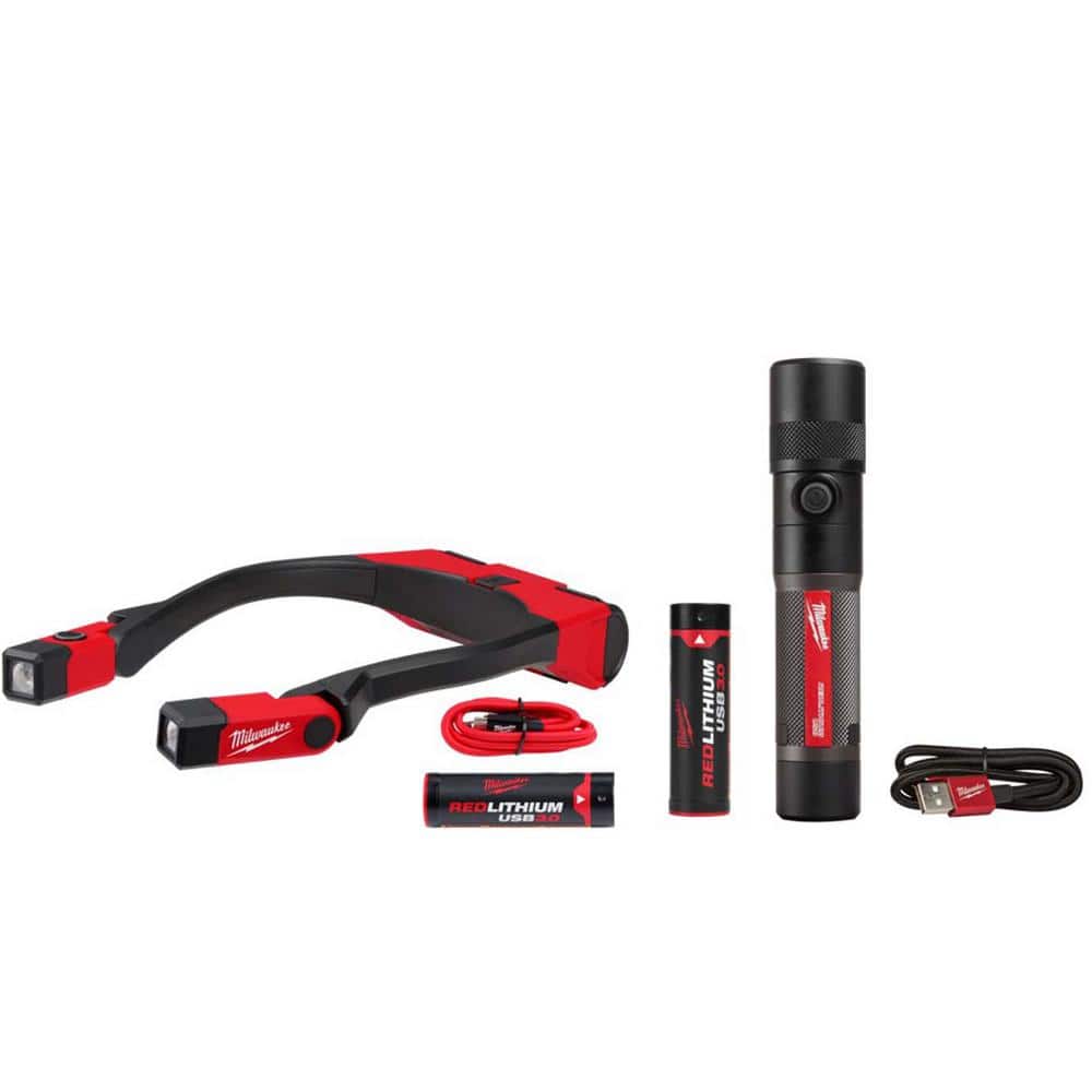 Milwaukee 400 Lumens LED REDLITHIUM Rechargeable Neck Light and 1100 Lumens LED USB Rechargeable ...