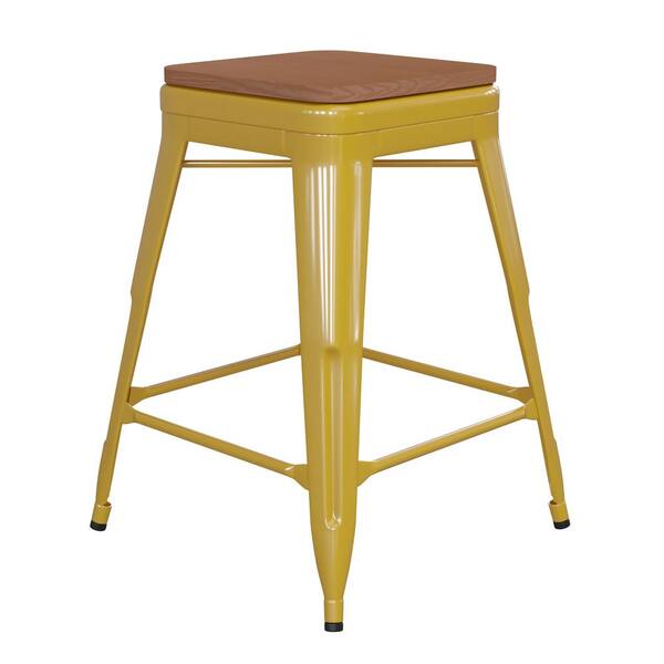 Carnegy Avenue 25 in. Yellow/Teak Metal Outdoor Bar Stool CGA-CH-515799 ...