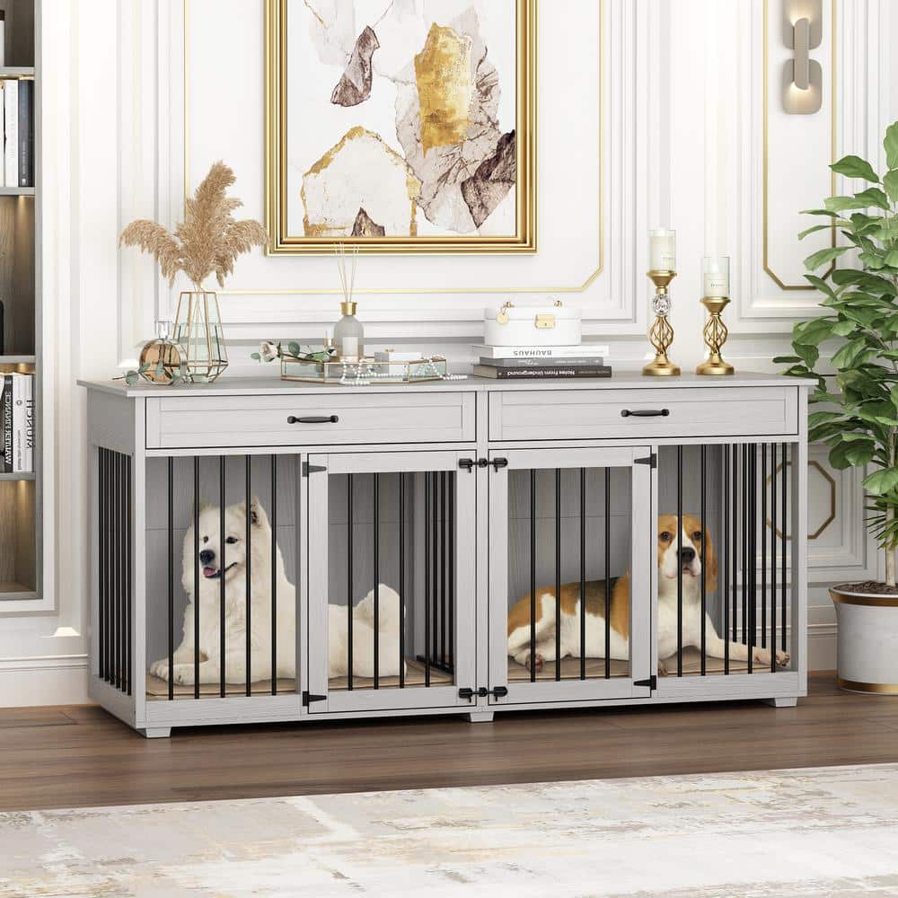 FUFU&GAGA Large Wooden Dog House with Drawers and Divider, Furniture Style Dog Crate, Gray Dog ...