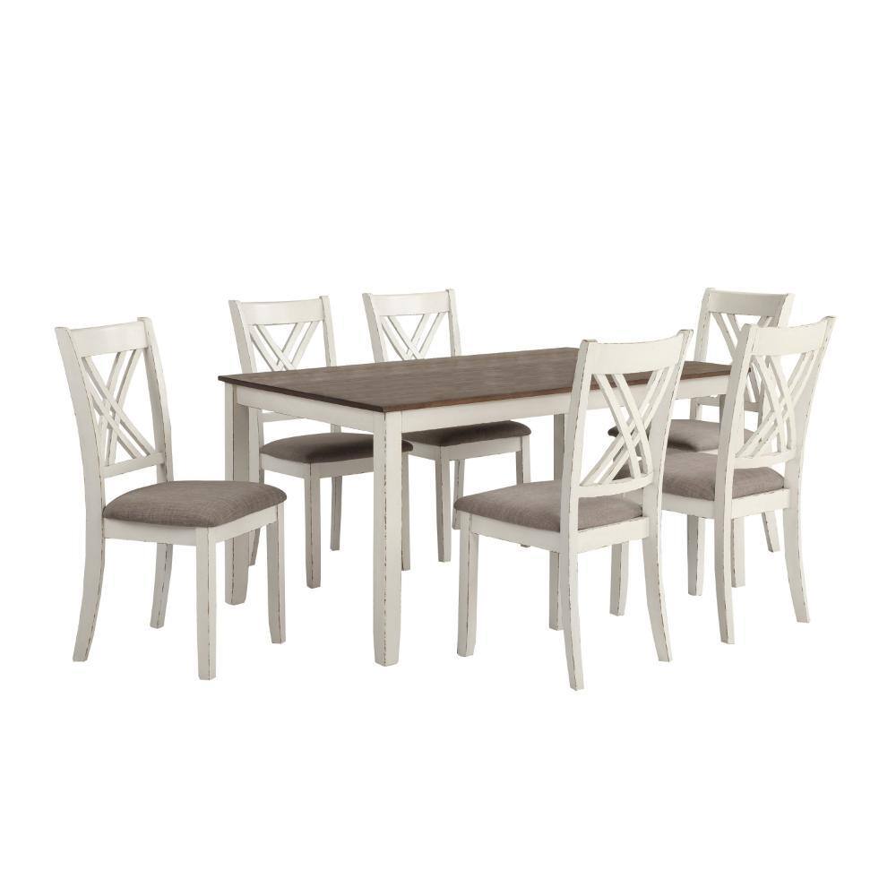 Benjara 7-Piece Dry Brushed Weathered Wood Top Dining Room Set with ...