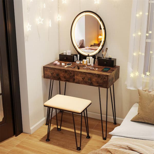 Costway Industrial Vanity Makeup Dressing Table Padded Stool Set 3 Color Lighted Mirror