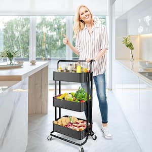 FUNKOL Black Top Metal Triple Kitchen Cart with Wheels For Kitchen ...