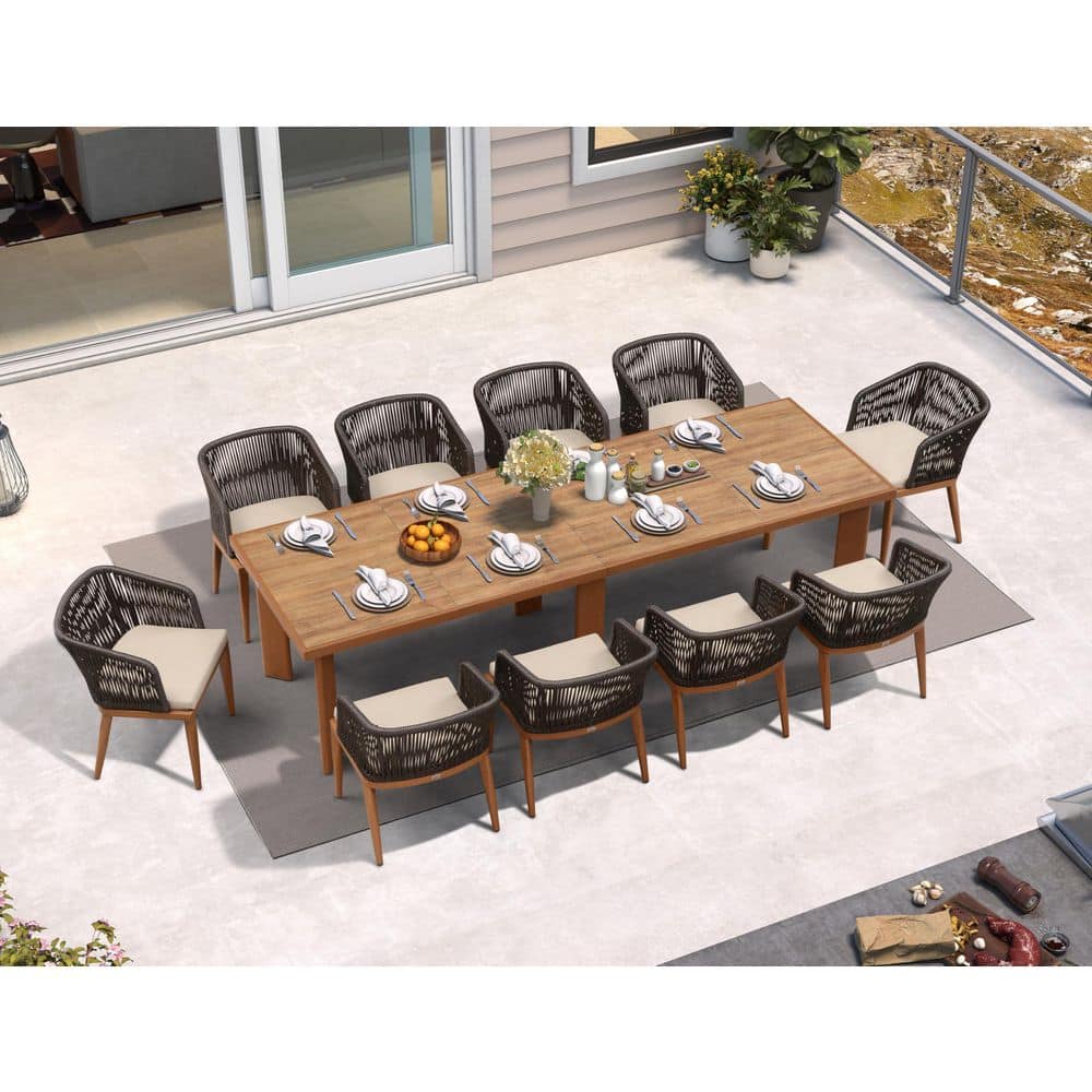 PURPLE LEAF 13-Piece Aluminum Wicker Dining Table and Armchairs Patio Outdoor Dining Set Teak ...