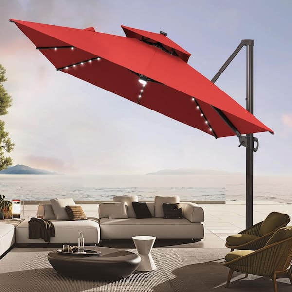CLOUDFLY 13 ft. x 10 ft. Solar LED Offset Patio Umbrella Double Top ...