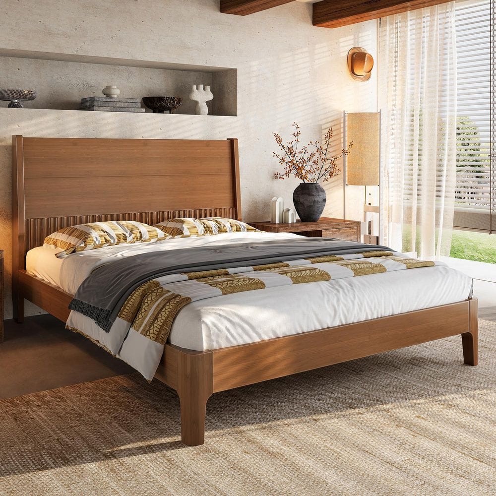 Harper & Bright Designs Warm Brown Solid Bamboo Wood Frame Full Size ...