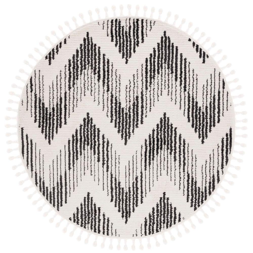 SAFAVIEH Moroccan Tassel 7 ft. x 7 ft. Ivory/Black Chevron Tassel Round ...