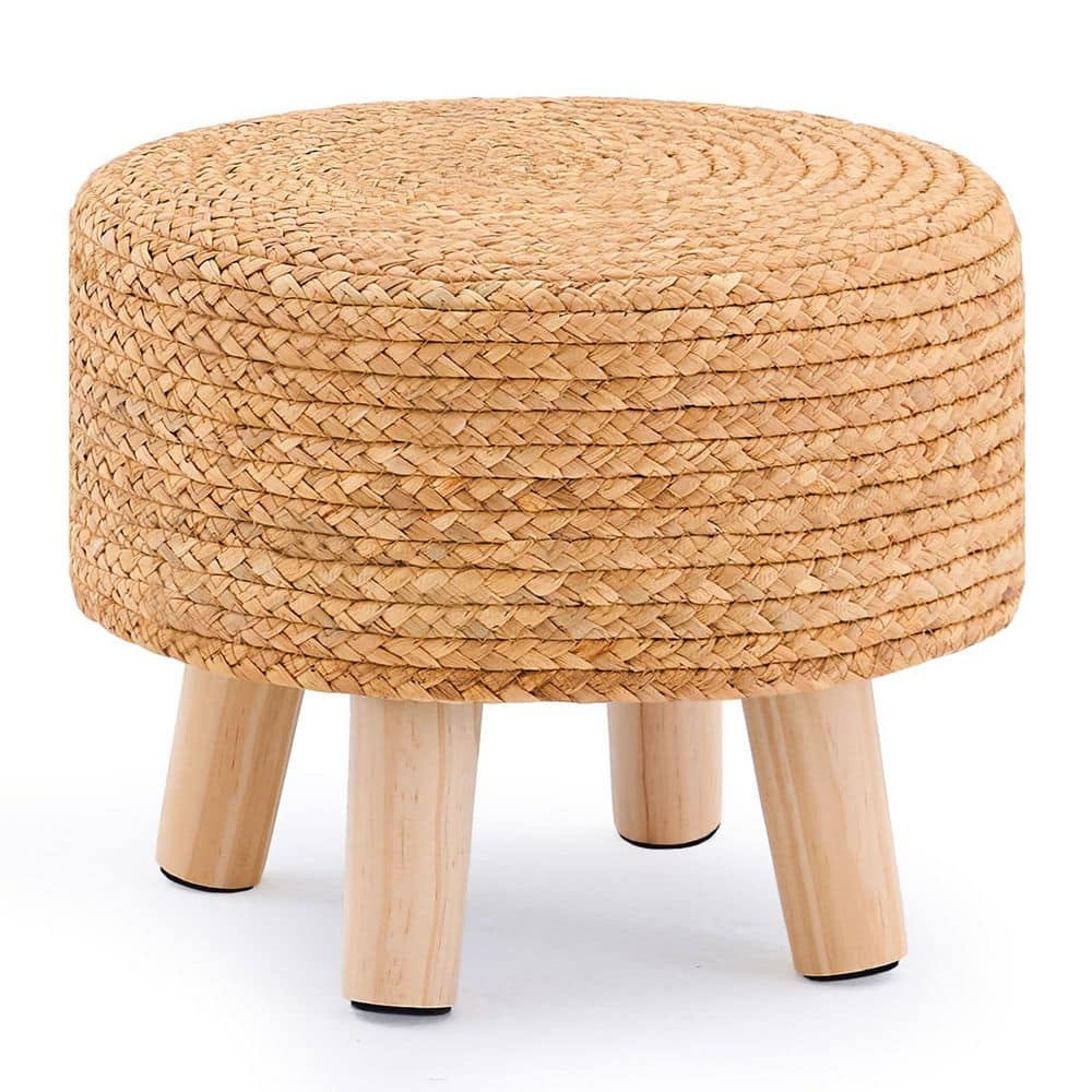 Natural Water Hyacinth Handwoven Round Pouf Seagrass Upholstered ...