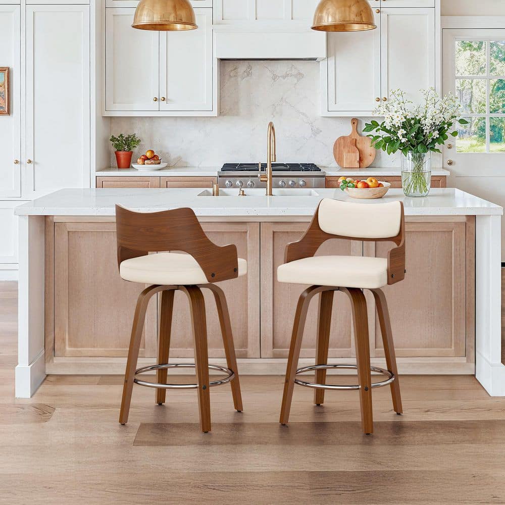 OrangeOne Gaspa 26 in. Ivory Premium Faux Leather Swivel Bar Stool with ...