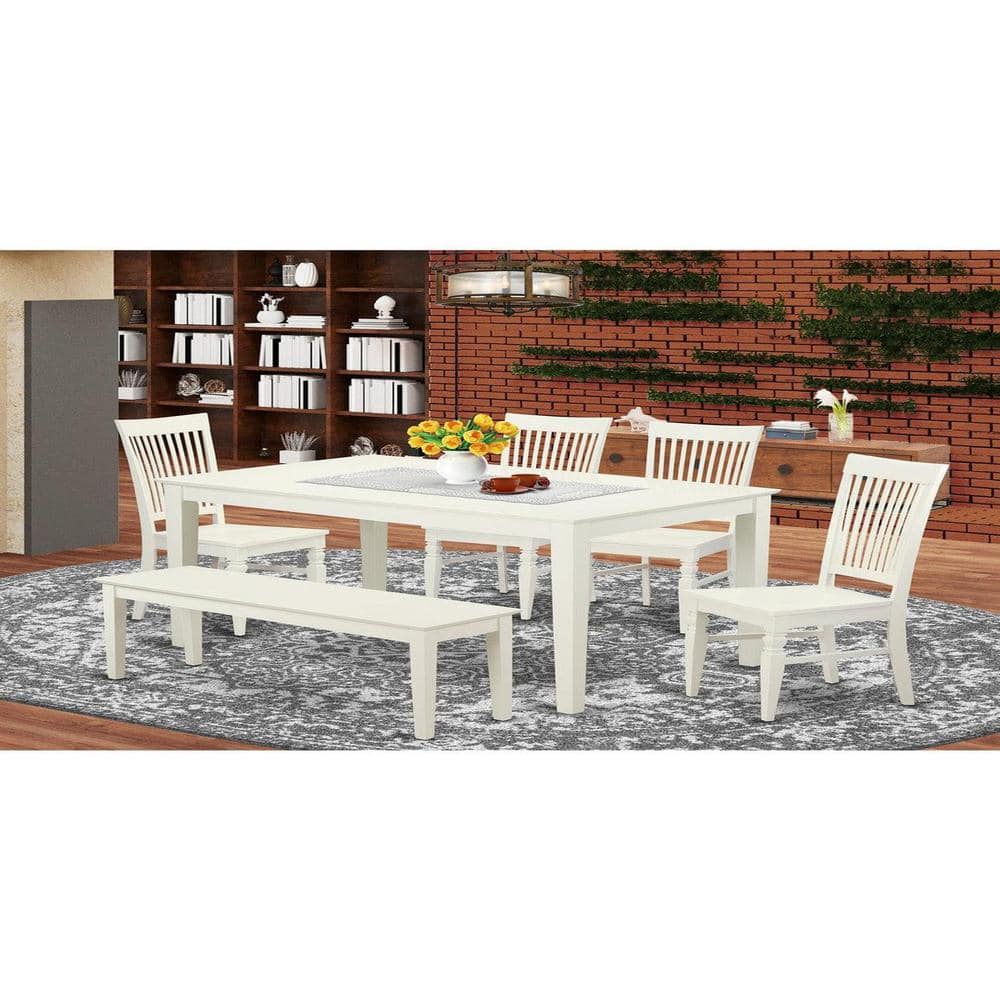 East West Furniture 6-Piece Rectangle Linen White Finish Solid Wood Top ...