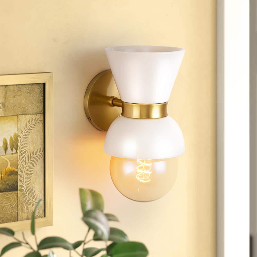 RRTYO Loucks 1-Light 5.9 in. Ceramic Gloss Cream Wall Sconce with Cone ...