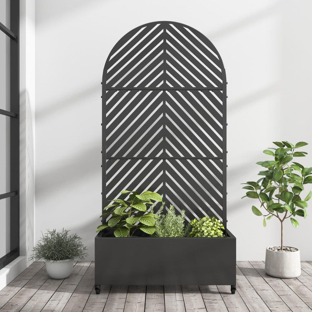 Lirago 72 in. x 35 in. Arched-Top Black Outdoor Metal Privacy Screen ...