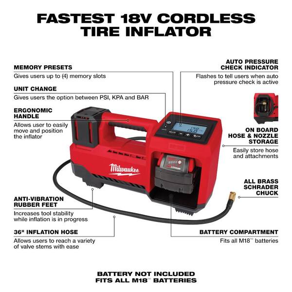 Milwaukee M18 18 Volt Lithium Ion Cordless Portable Inflator w M18 1 High Output 6.0Ah Battery 2 5.0Ah Battery 2848 20 48 11 1856