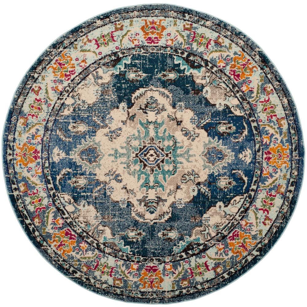 SAFAVIEH Monaco 7 ft. x 7 ft. Navy/Light Blue Round Border Medallion ...