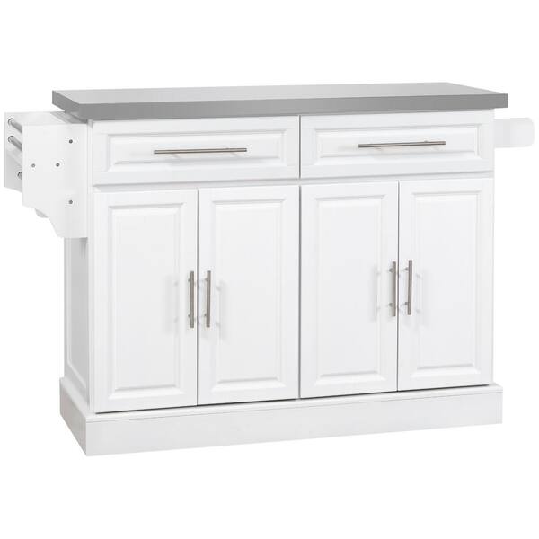 FAMYYT White Stainless-Steel Top 57 in. Kitchen Island with Casters ...