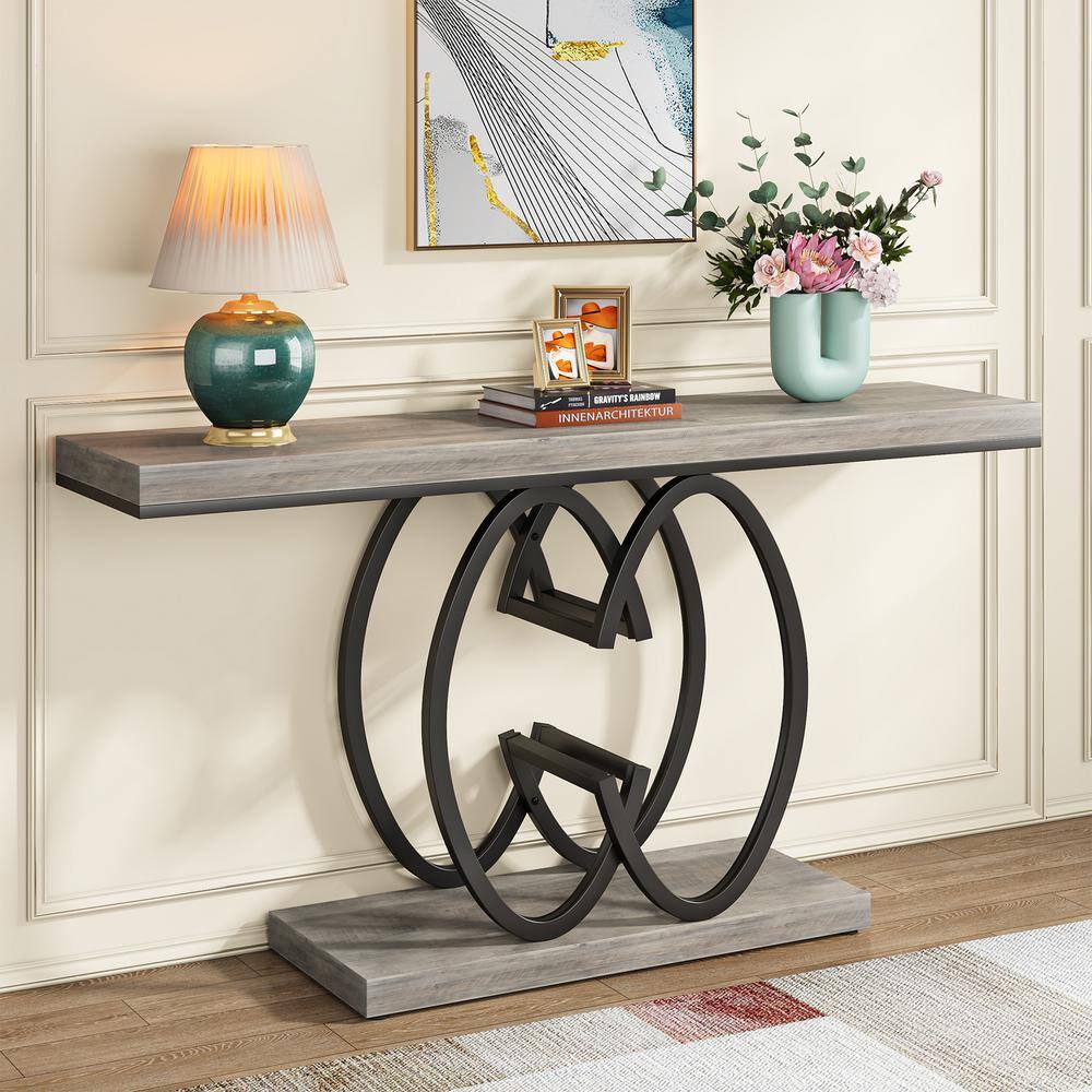 BYBLIGHT Turrella 56 in. Black Rectangle Wood Console Table with ...