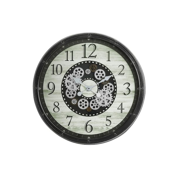 30 in. Brown Round Wall Clock with Moving Gears, Numeral Non-Ticking ...