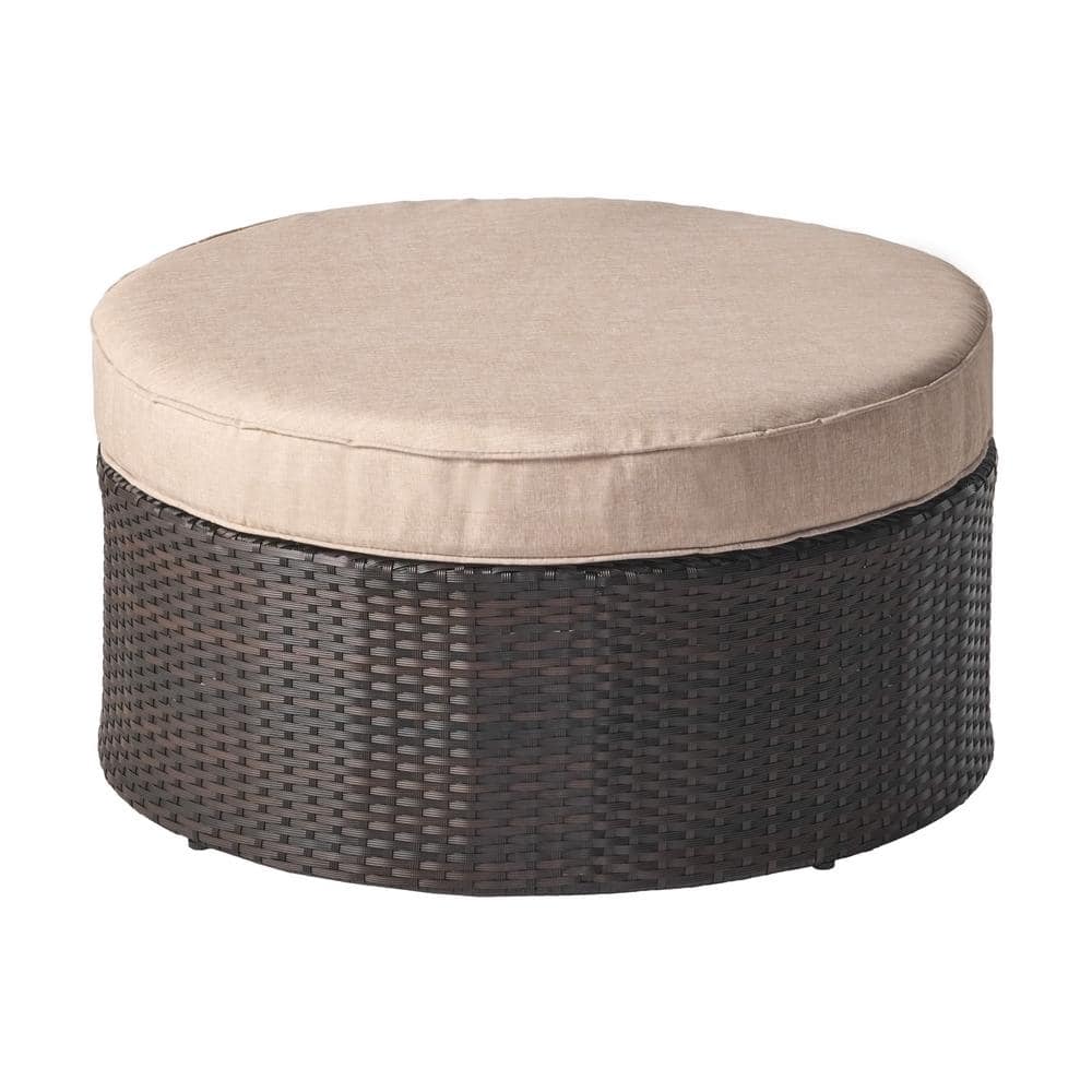 Noble House Navagio Brown Wicker Outdoor Ottoman with Textured Beige ...