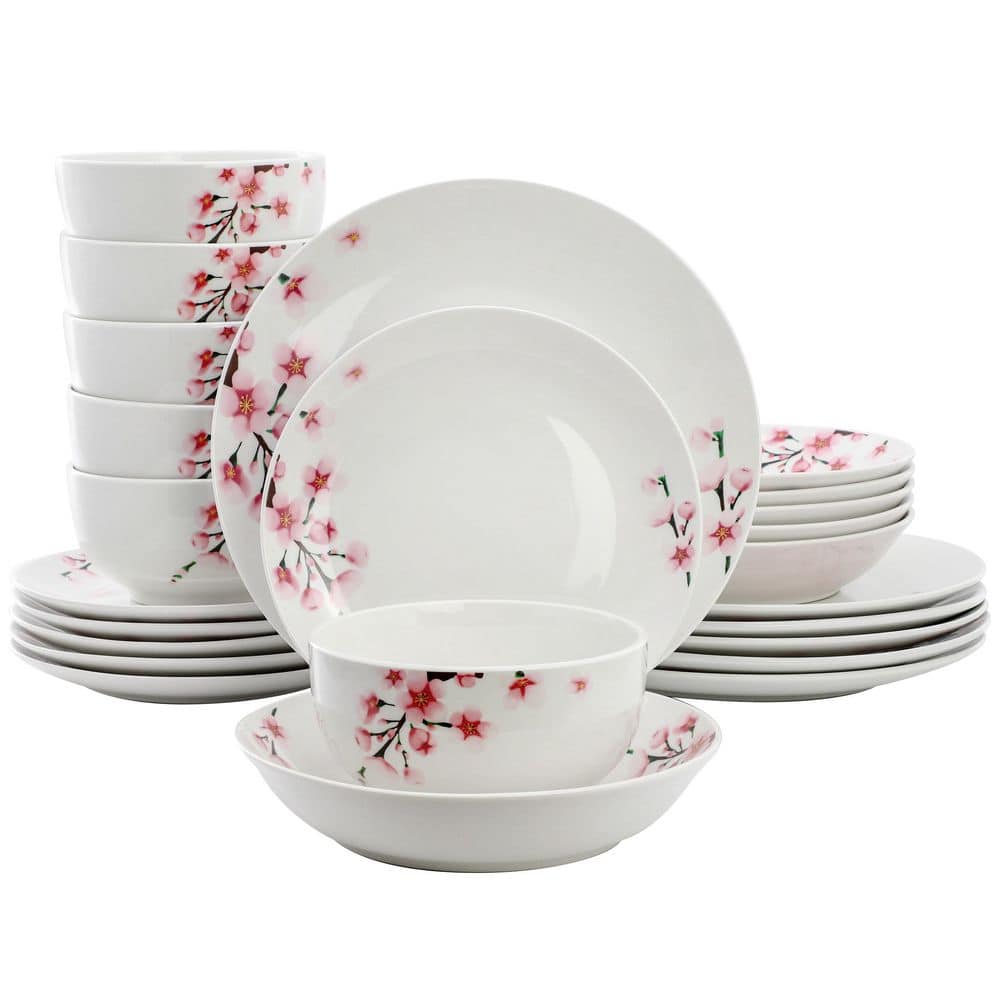 Elama Tamara 24-Piece Cherry Blossom Porcelain Double Bowl Dinnerware ...