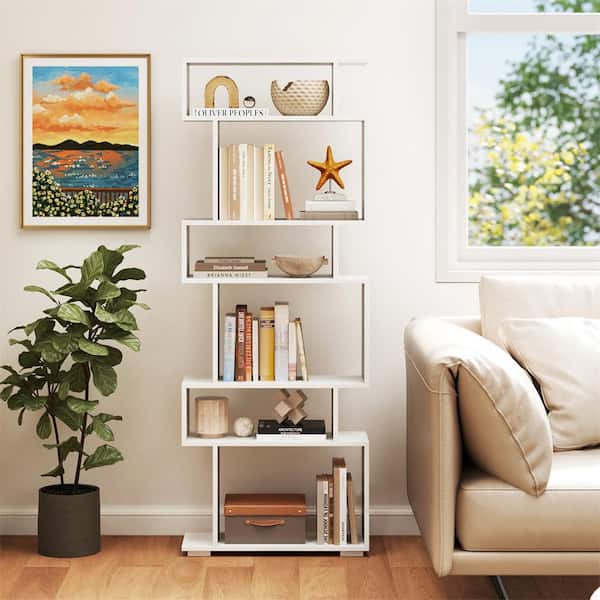 Costway 64 in. Tall White Wood 6-Tier Storage Bookshelf S-Shaped ...