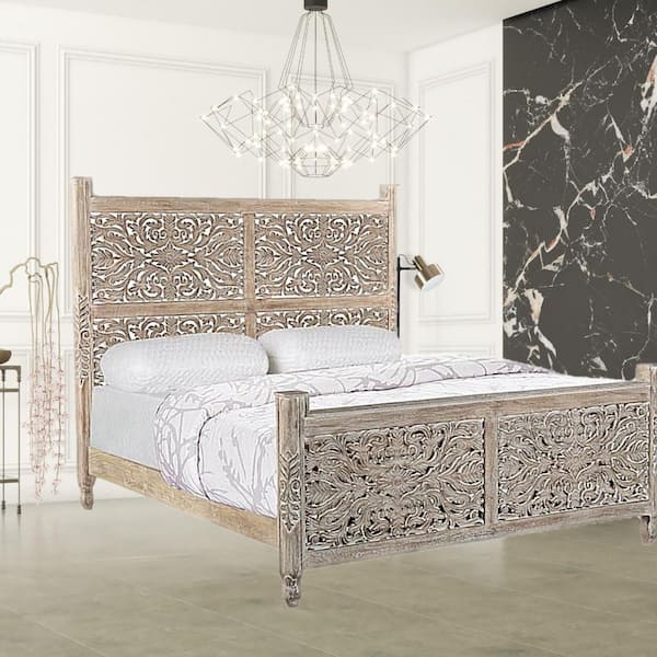 HomeRoots Charlie Gray Wood Frame King Panel Bed with Solid Wood Carved 2000521083