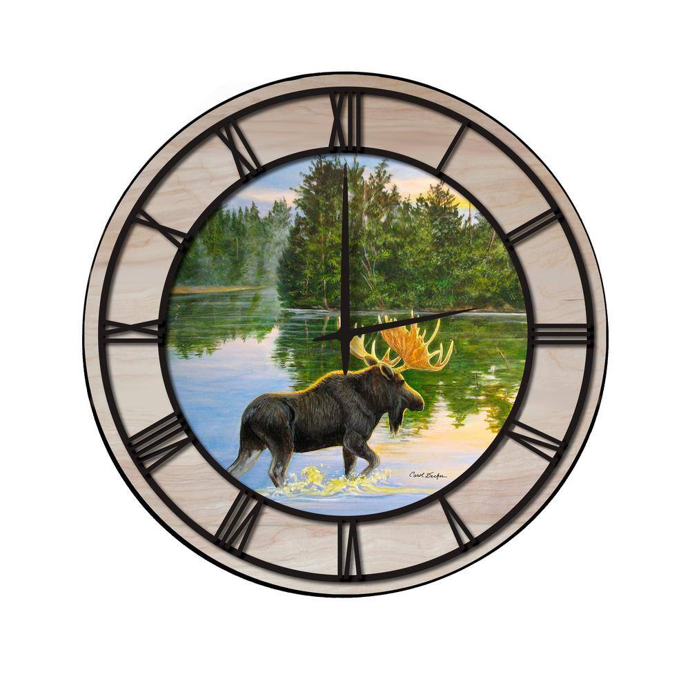 "Lake Moose" Woodgrain Accent and Black Numbers Imaged Wall Clock CL-LM ...