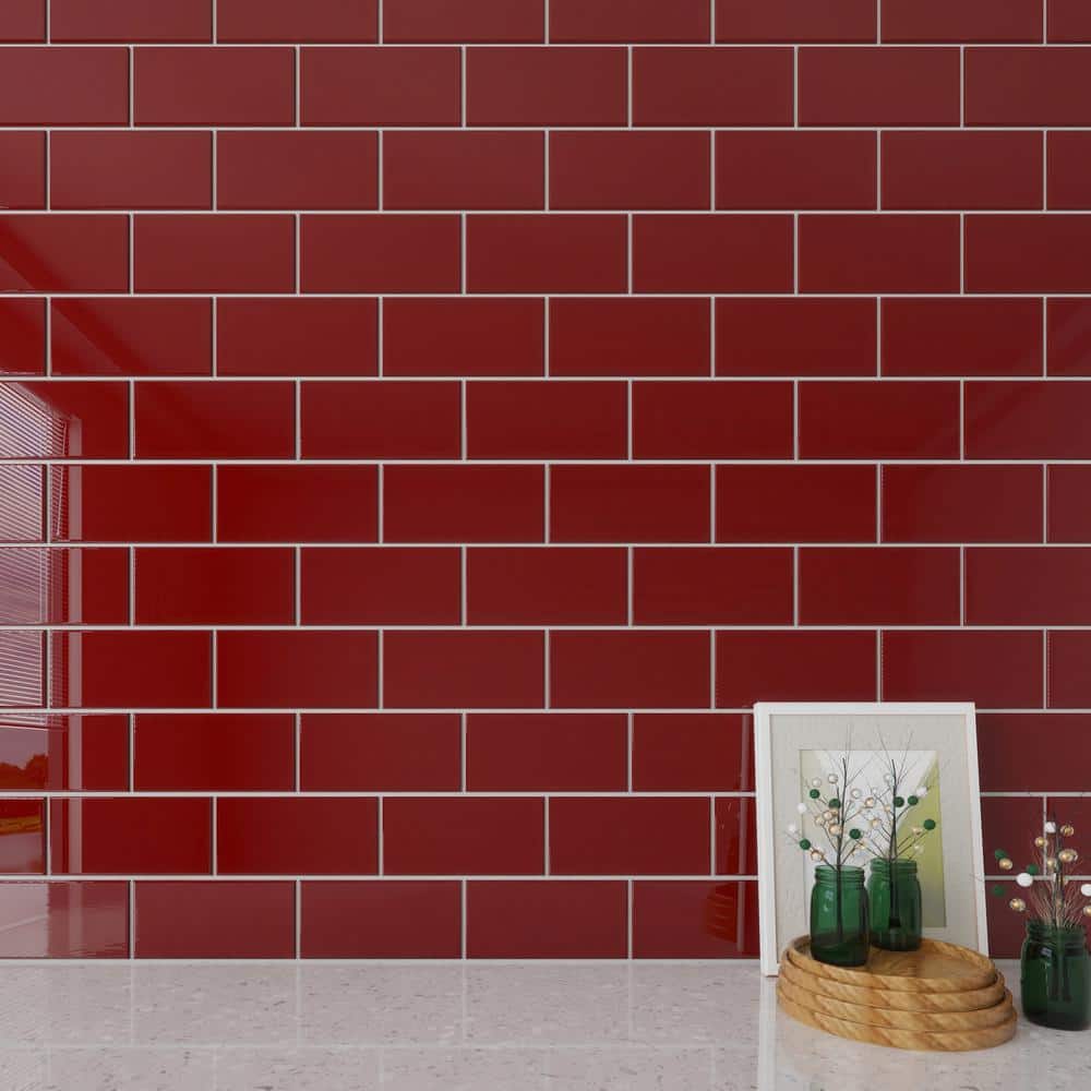 Giorbello Ruby Red 3 in. x 6 in. x 8 mm Glass Subway Wall Tile (5 sq ...