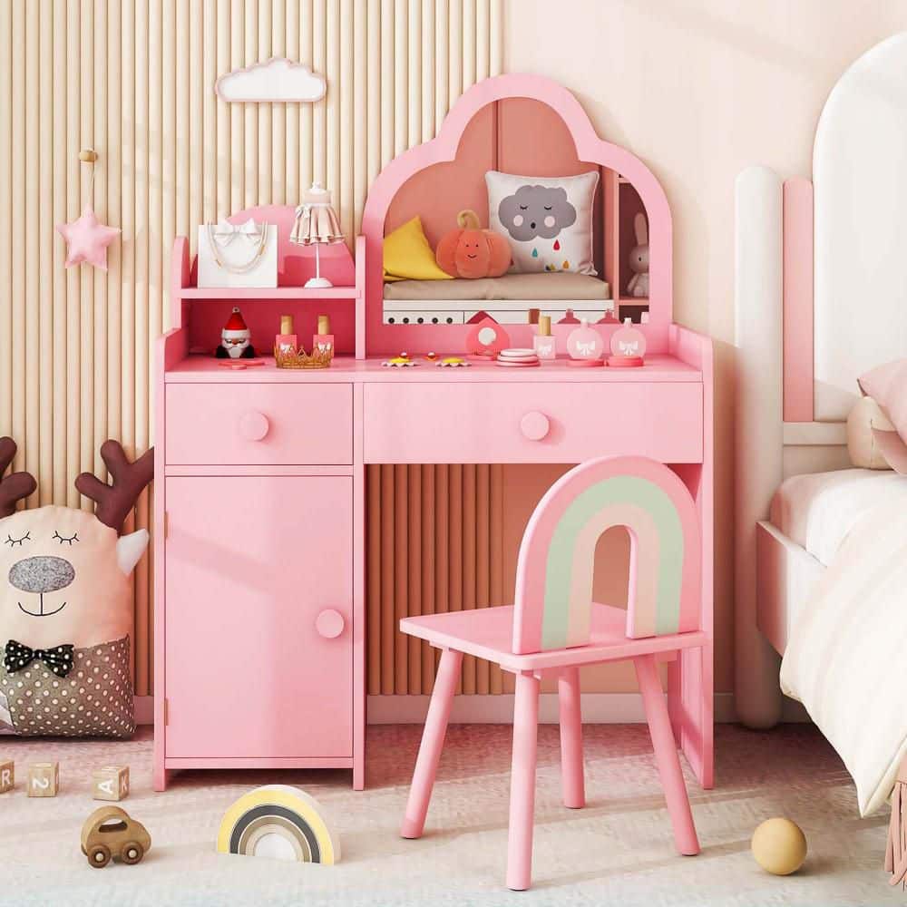 Costway 2-Piece Pink Kids Activity Table Kids Vanity Set with Cloud ...