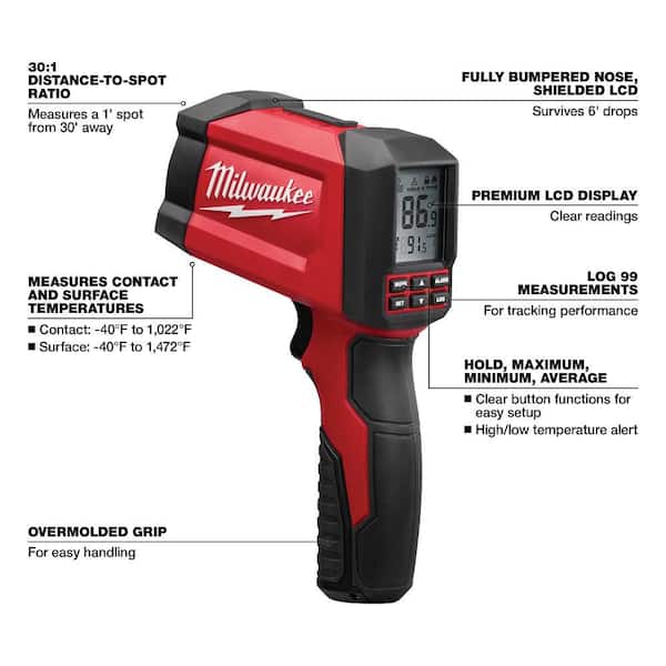 Milwaukee Laser Temperature Gun Infrared/Contact 30:1 Thermometer 2269 ...
