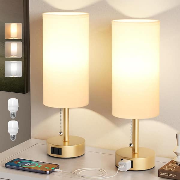 14 in. Gold Pull Chain Bedside Table Lamp Set of 2 with 2 LED Bulbs ...