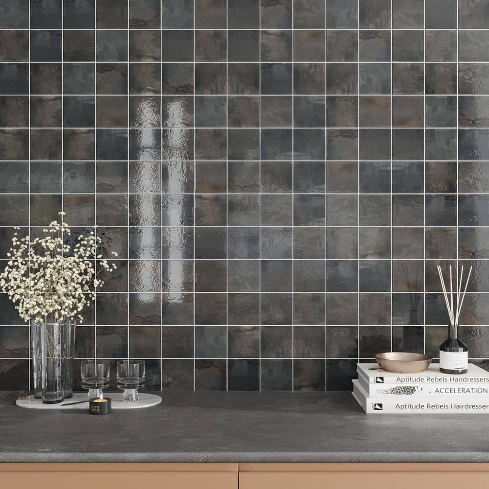 Apollo Tile Antiek 3.94 in. x 3.94 in. Glossy Black Ceramic Square Wall ...