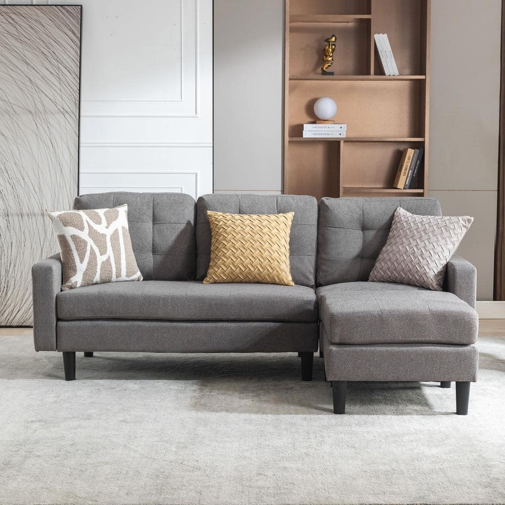 VECELO Convertible L-Shaped Sectional Sofa, Modern Pillow Top Arm Gray Linen Fabric Couch with ...