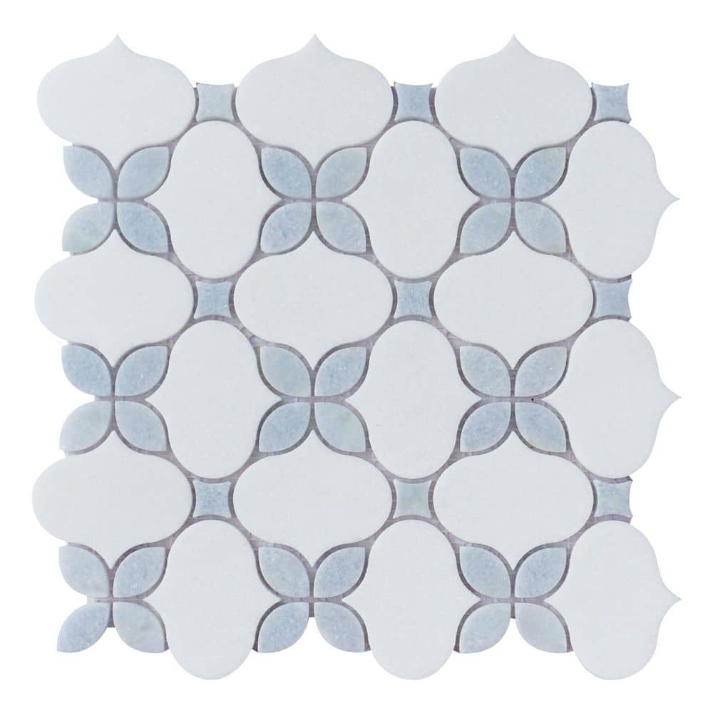 MOLOVO Clover Bloom White and Blue 11.82 in. x 11.82 Floral Polished ...