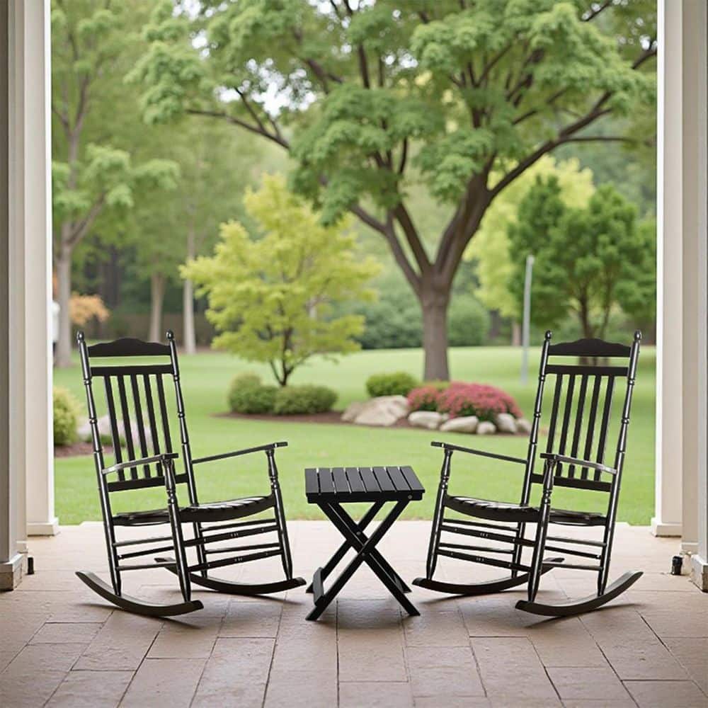 Hngilkoo Wood Outdoor Rocking Chair for Adults 3-Piece Rocker Set with ...
