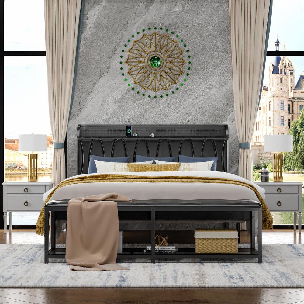 VECELO Bed Frame Black Metal Frame Full Platform Bed with USB Ports ...