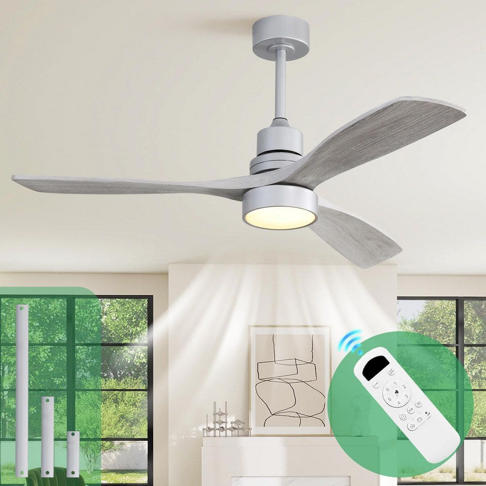 Gloweer 52 in. Gray Ceiling Fan Light With 6-Speed Remote Silver 3-Wood ...