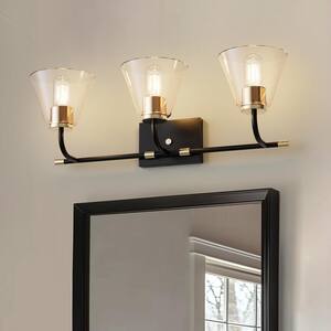 YANSUN 23 in. 3-Light Black Cone Vanity Light with Glass Shades for ...