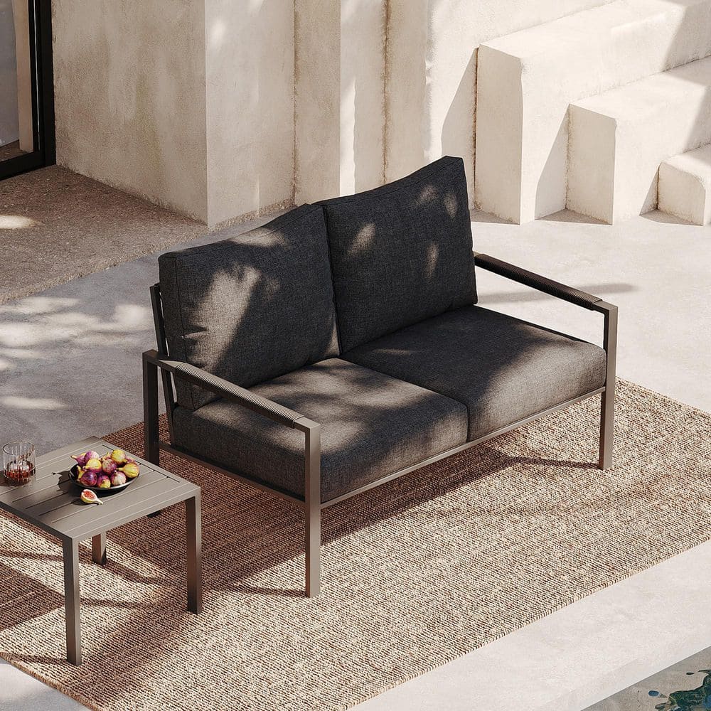 AURA OUTDOOR Gray Metal Outdoor Patio Loveseat with 2-Pieces Dark Grey ...