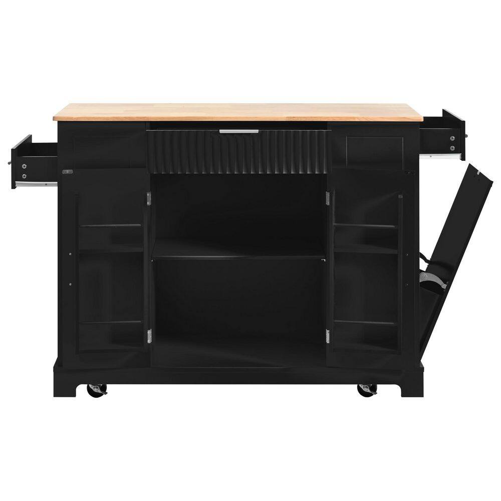 TCYO Black Rubber Wood Kitchen Cart with Trash Can Storage Cabinet ...
