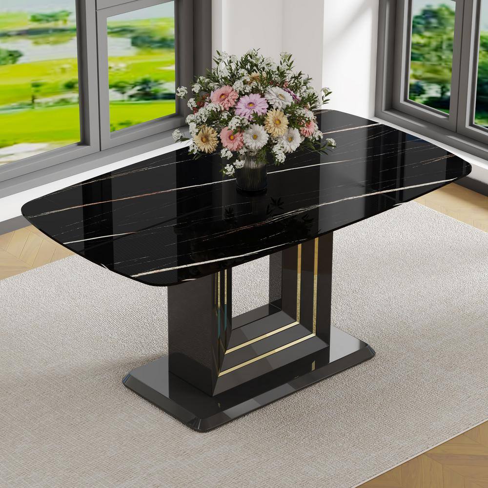 Harper & Bright Designs Black Glass 63 in. U-Shape MDF Pedestal Dining ...