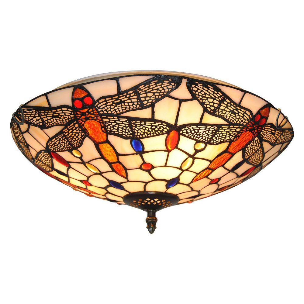 OUKANING 16 in. 3-Light Retro Handmade Colored Glass Flush Mount ...