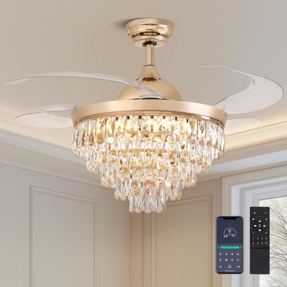 WDETR 48 in. Modern Indoor Gold Retractable Crystal Ceiling Fan with ...