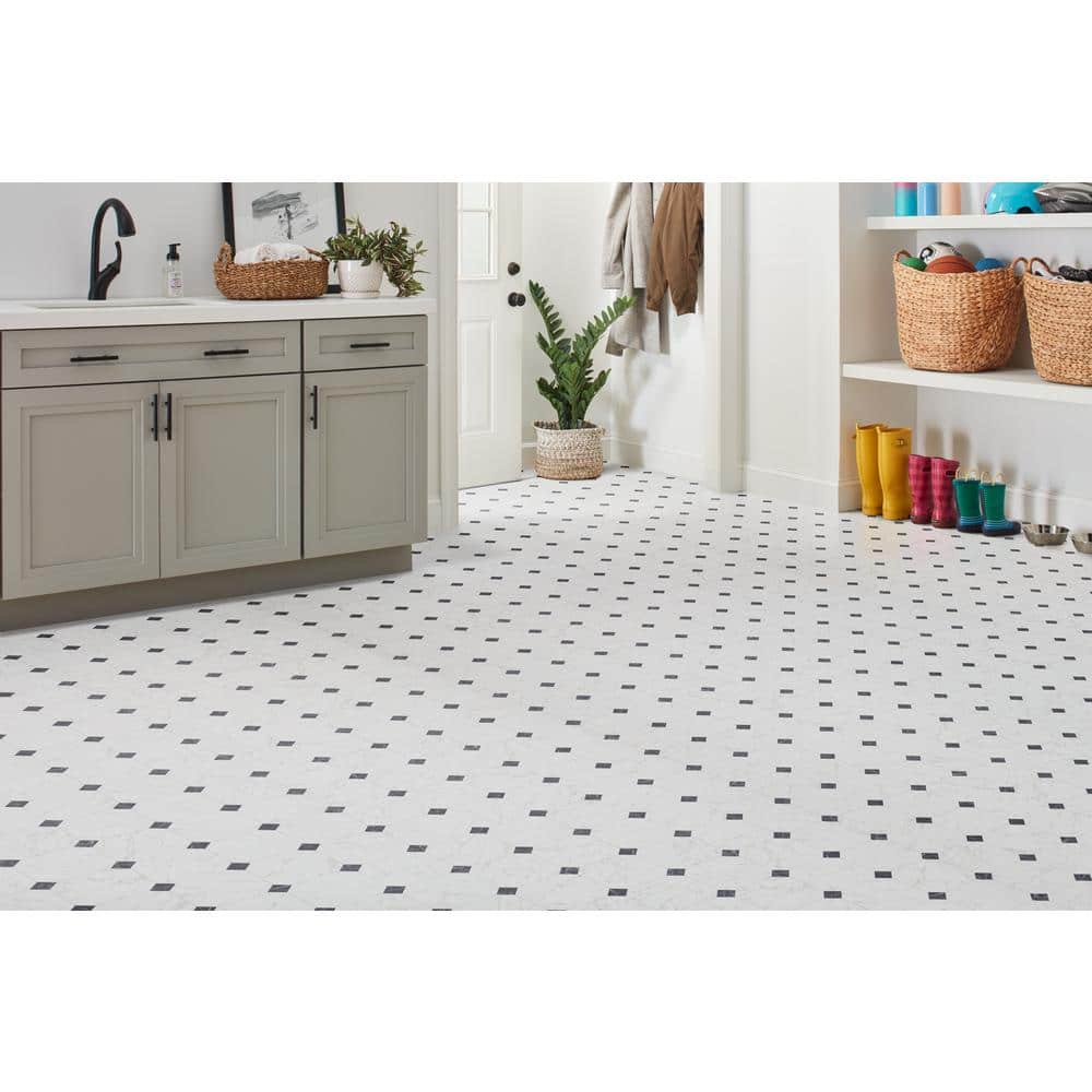 Buy Black and White Marble Paver Residential Vinyl Sheet Flooring 12ft ...
