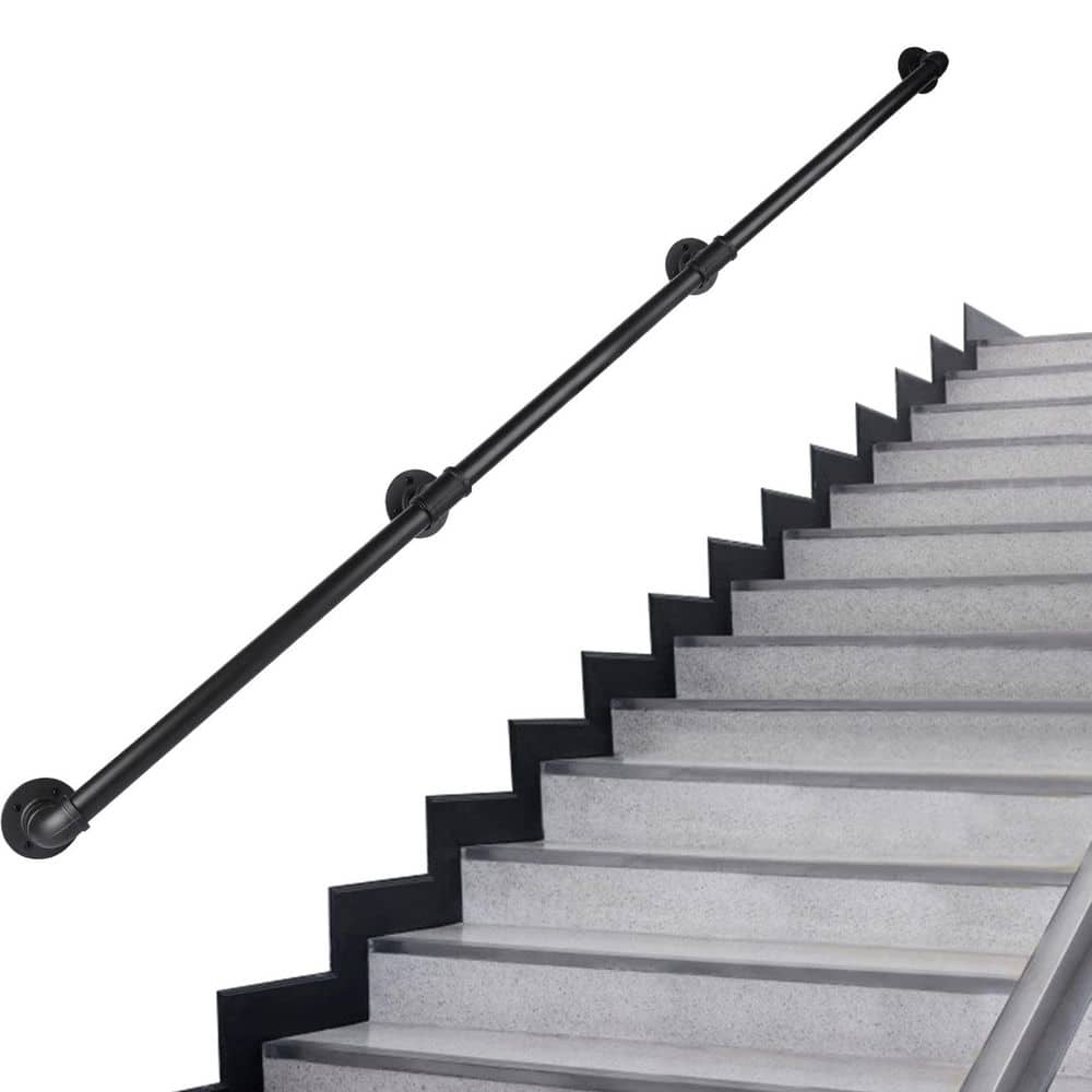12 ft. Metal Staircase Handrail, Black Galvanized Industrial Iron Hand ...