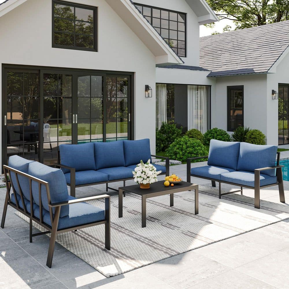 Poteban Gray Aluminum Frame 4-Piece 7-Person Outdoor Conversation Set ...