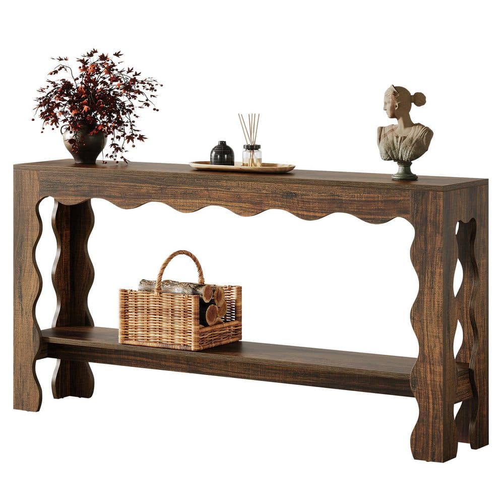 BYBLIGHT Turrella 63 in. Rustic Brown Rectangle Wood Console Table with ...