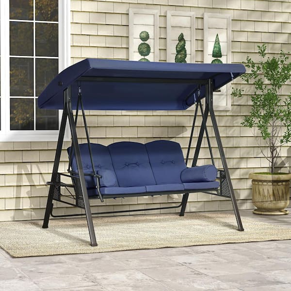 Outsunny 3 Seat Patio Swing w Tilt Canopy Cushions Cup Tray Dark Blue
