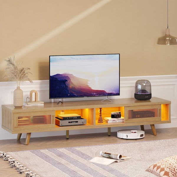 70 in. Mid Century TV Stand Fits TVS Up to 75 in. with LED Light Ribbed Glass Sliding Door and Open Shelves Natural Oak