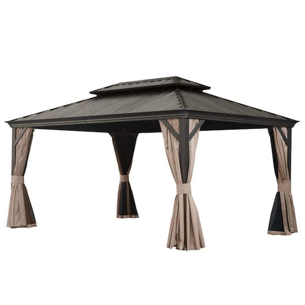Clihome 12 ft. x 16 ft. Brown Hardtop Patio Gazebo Aluminum Frame with ...