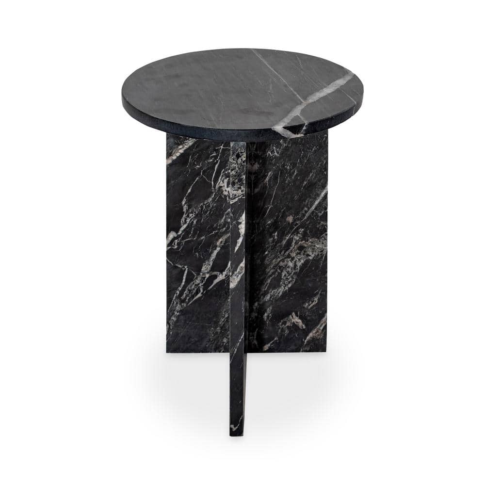 NADAAL STUDIOS Calix 14 in. Round Solid Black Stone Accent Table with ...