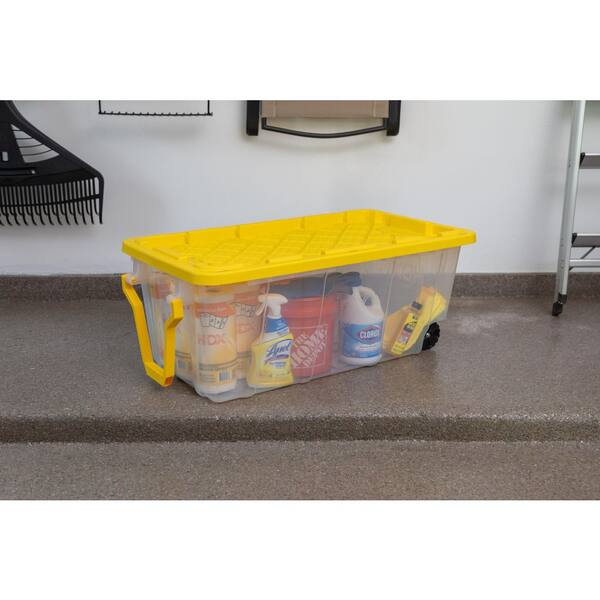 HDX 40 Gal. Tough Storage Tote with Wheels and Handle in Clear and ...